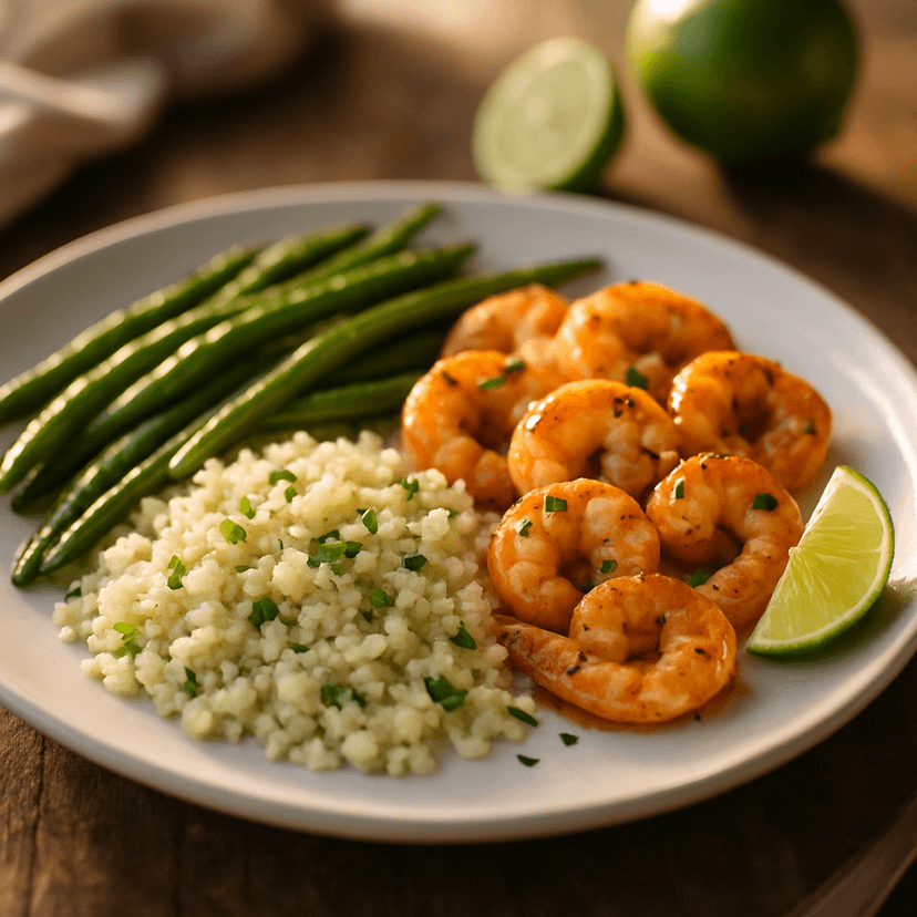 Garlic Lime Shrimp with Cauliflower Rice & Green Beans | DishGen Recipe